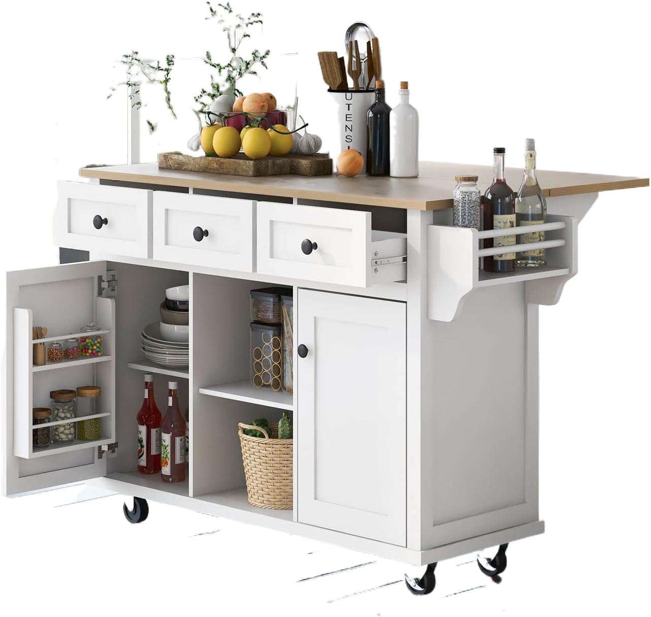 Amazon.com: Afaris Kitchen Island Cart on 5 Wheels, Rubber Wood Drop ...