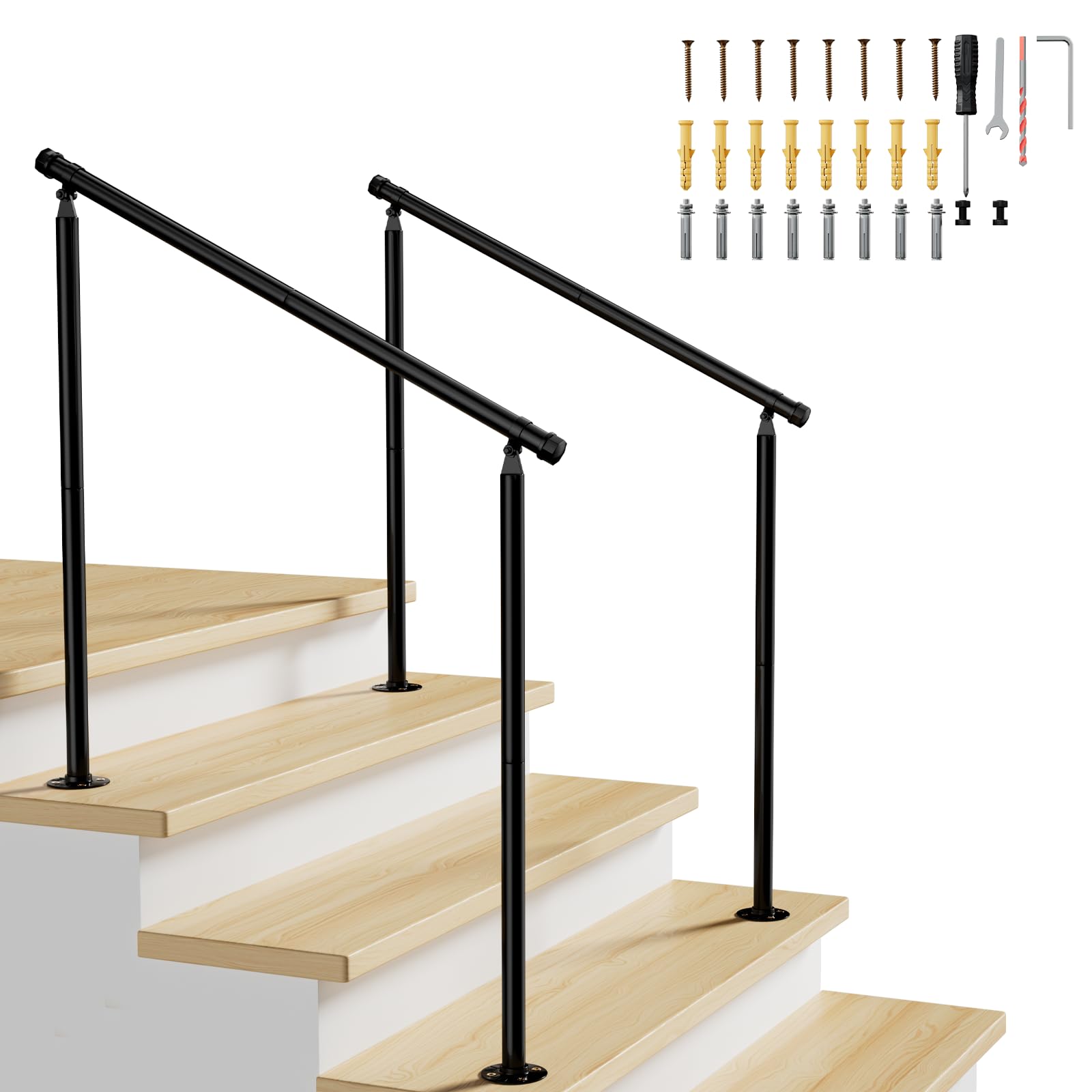 2 Pack 3 Step Hand Rails for Outdoor Steps, Black Deck Railing with ...