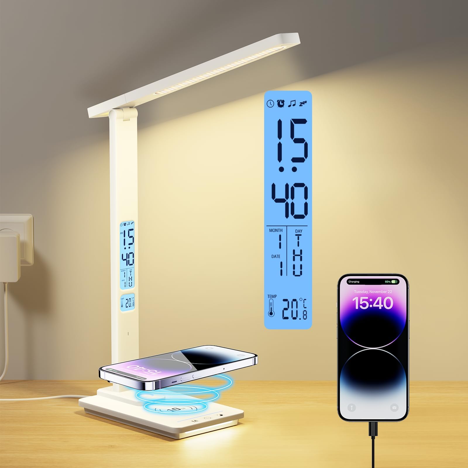 YAMYONE LED Desk Lamp with Wireless Charger & USB Charging Port, 5 ...