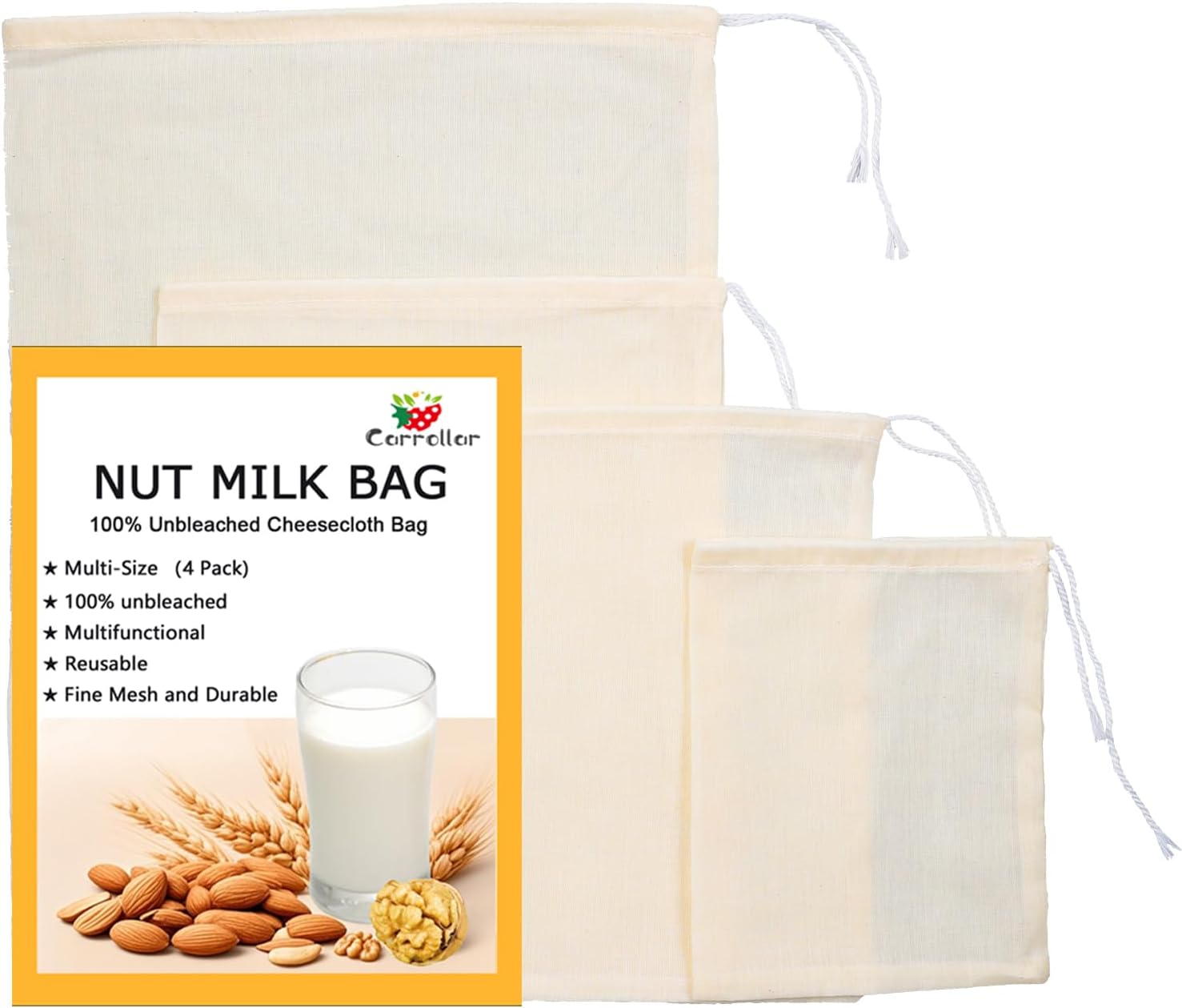Amazon.com: Carrollar 4Pack Nut Milk Bags,4 Sizes Unbleached Cotton ...