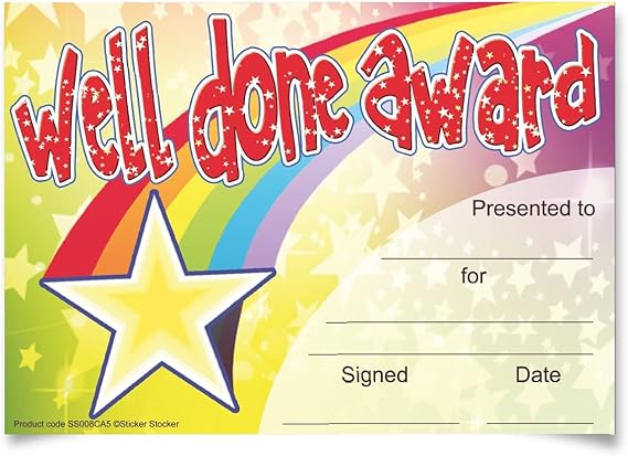 30 Well Done Award certificates for school teachers, A5 silk finish ...