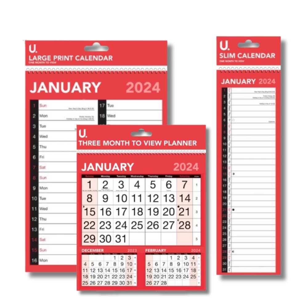 2024 Calendar Slim 1 Column Month to View Spiral Bound Wall Planner Red ...