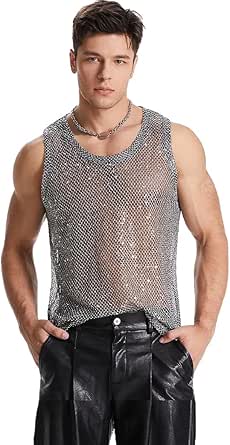 HAVBX Mens Sexy Silver Metallic Reflective Fishnet Tank Tops Sleeveless ...