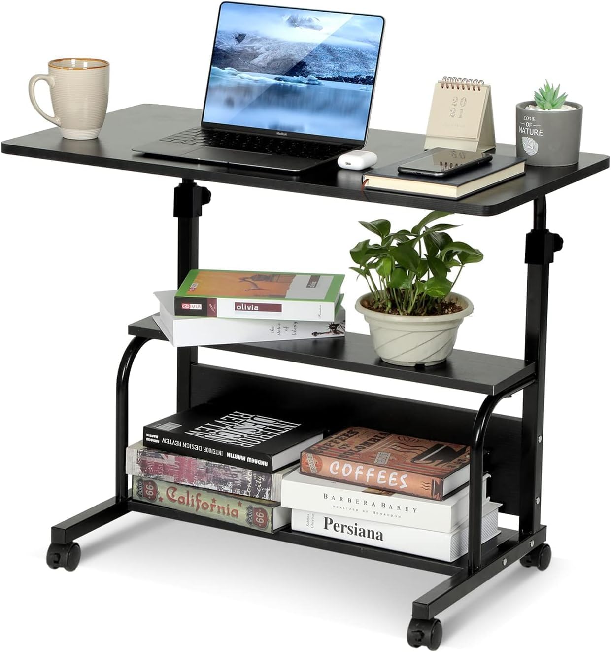 Portable Rolling Desk on Wheels Small Standing Desk Adjustable Height ...