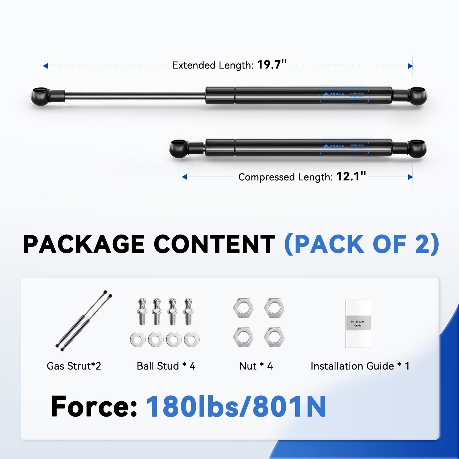 Snapklik.com : ARANA 20 Inch 180 LB Gas Prop Struts Shocks, 20" 800 N ...