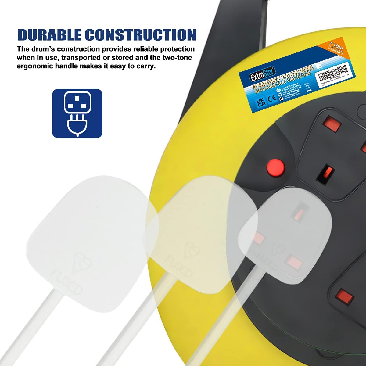 ExtraStar 4 Sockets Cable Reel, 13A Heavy Duty Cord Reel with Winding ...