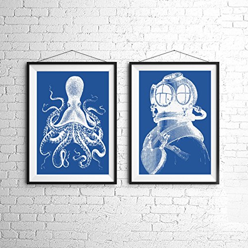 Amazon.com: Octopus and Deep Sea Diver Large Blue and White Nautical ...