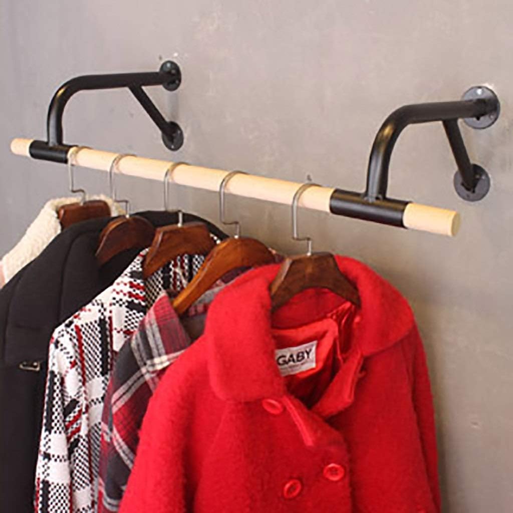 Amazon.com: FKhanger Industrial Wood Wall Clothes Hanging Rod,Iron Pipe ...