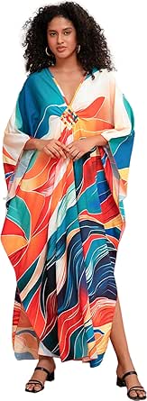 Amazon.com: Ailaoyou Irregular Print Caftan Dress Bathing Suit Cover Up ...