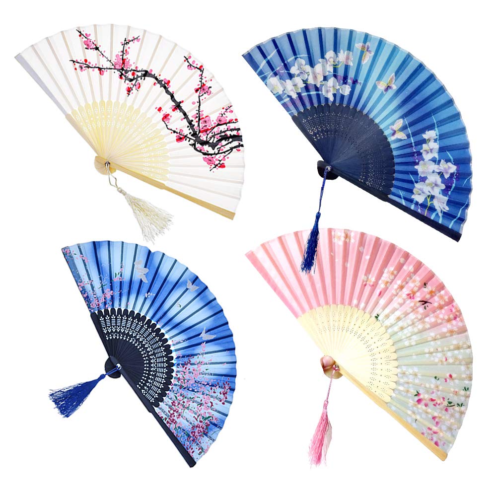 4 PCS Handheld Folding Fans Bamboo Silk Fabric Cloth Folding Fans ...
