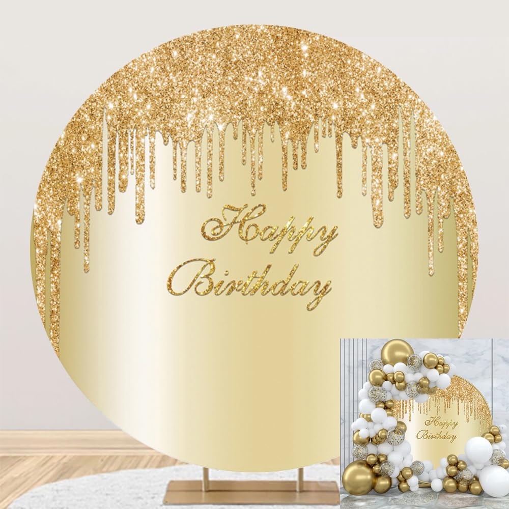 Amazon.com : OERJU 7.2x7.2ft Golden Birthday Round Backdrop Luxurious ...