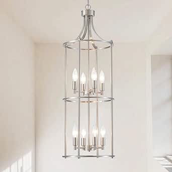 XINGQI Brushed Nickel Chandeliers for High Ceilings, 8 Light Lantern Tiered Chandelier Modern ...