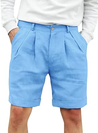 Runcati Mens Cotton Linen Flat Front Shorts Button Up Closure Elastic ...