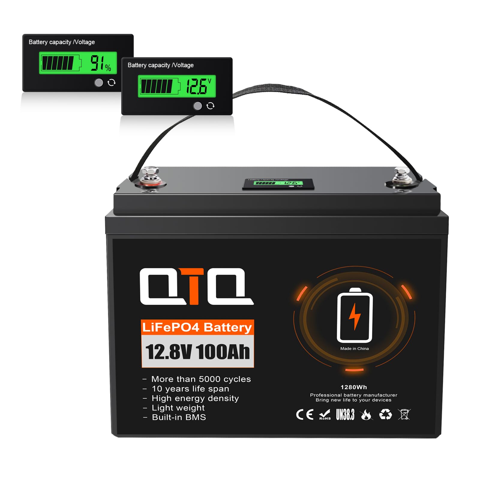 Buy 12V 100Ah Lithium LiFePO4 Deep Cycle Battery, LCD Display Voltage ...