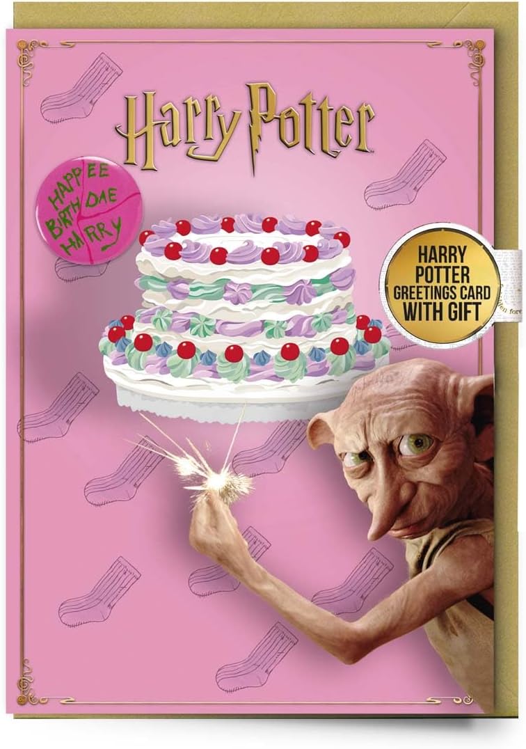 Harry Potter Dobby Happy Birthday Cake Greetings Card with Button Badge ...