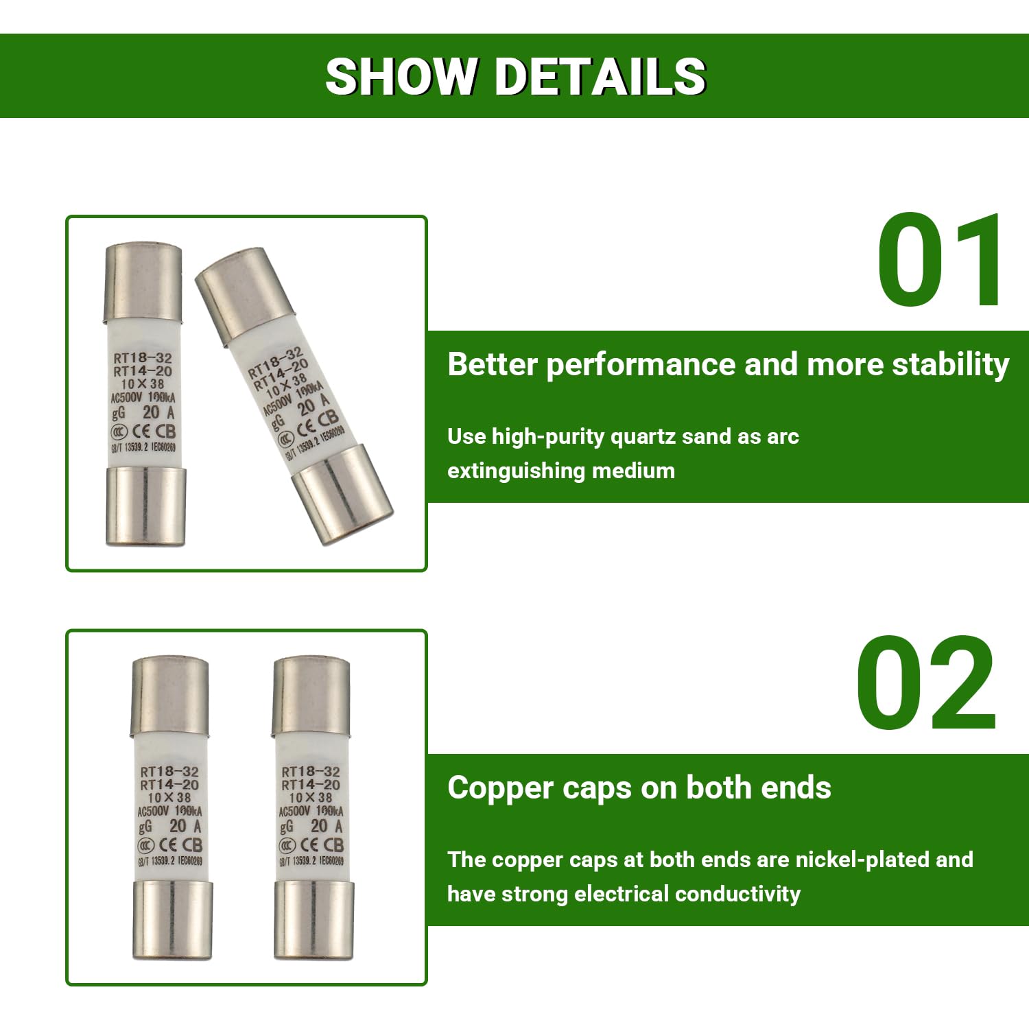 SIGANDG 20A 500V Ceramic Tube Fuse RT18-32 10x38mm Cylindrical High ...