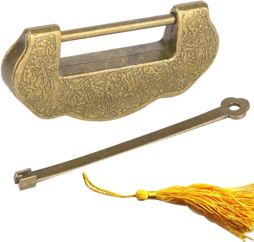 HEEPDD Vintage Chinese Carved Zinc Alloy Key Lock with Tassel, Bronze ...