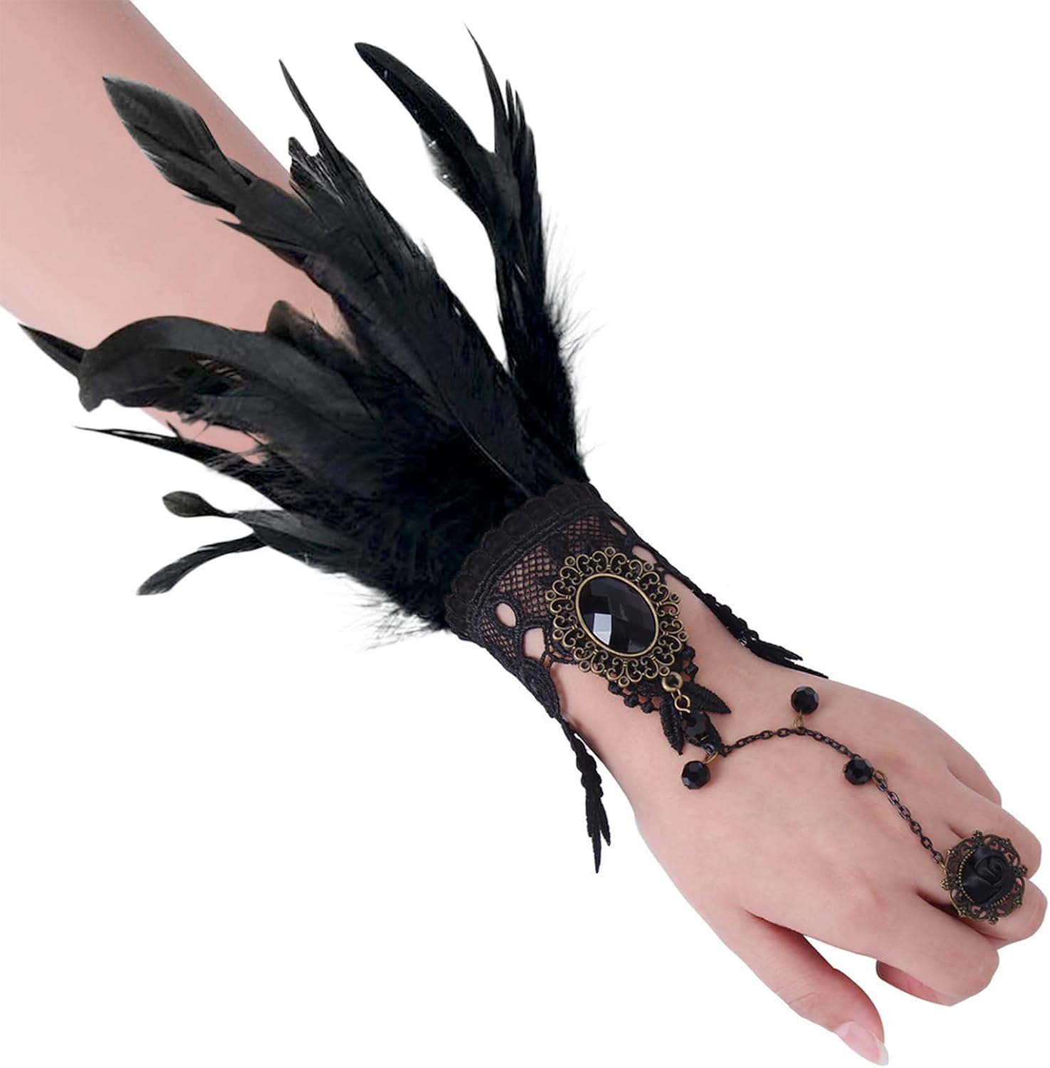 Amazon.com: Gothic Lace Wrist Cuff Fingerless Long Feather Gloves for ...