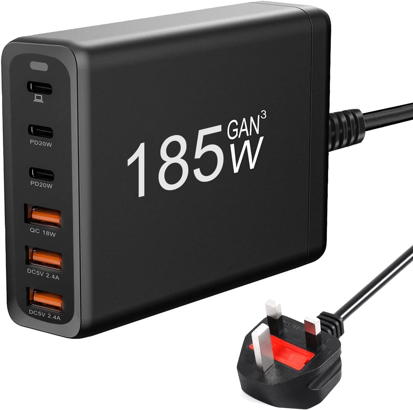 SUIMUMU USB C Charger 185W GaN Fast Charger Adapter Multi-Function 6 In 1,PD QC 3.0 UK Plug USB ...