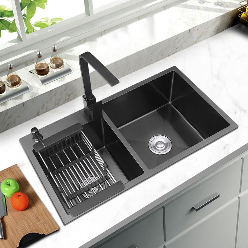 KunMai 32" Black Double Bowl Kitchen Sink Stainless Steel Bar Sink Drop ...
