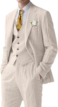 Linen Mens Suit 3 Piece Slim Fit Lightweight Linen Suits Sets Blazer ...