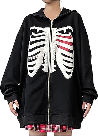 zhuiming Skeleton Zip Up Hoodie for Women Y2k Oversized Skull Graphic ...