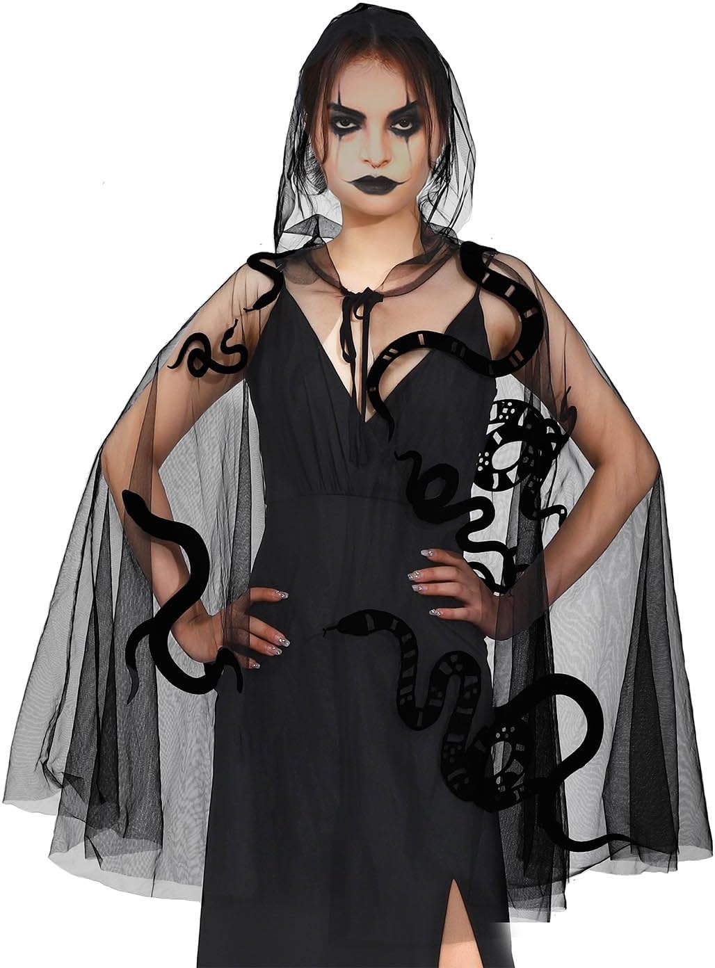 Amazon.com: EASEDAILY Black Hooded Cape Gothic Cloak Snake Sheer Tulle ...
