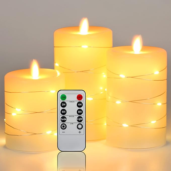 Flameless Candles, with Embedded String Lights, Da by 3-Piece LED ...