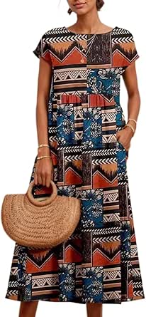 Women's Summer Cotton Linen Boho Floral Maxi Dress Short Sleeve ...