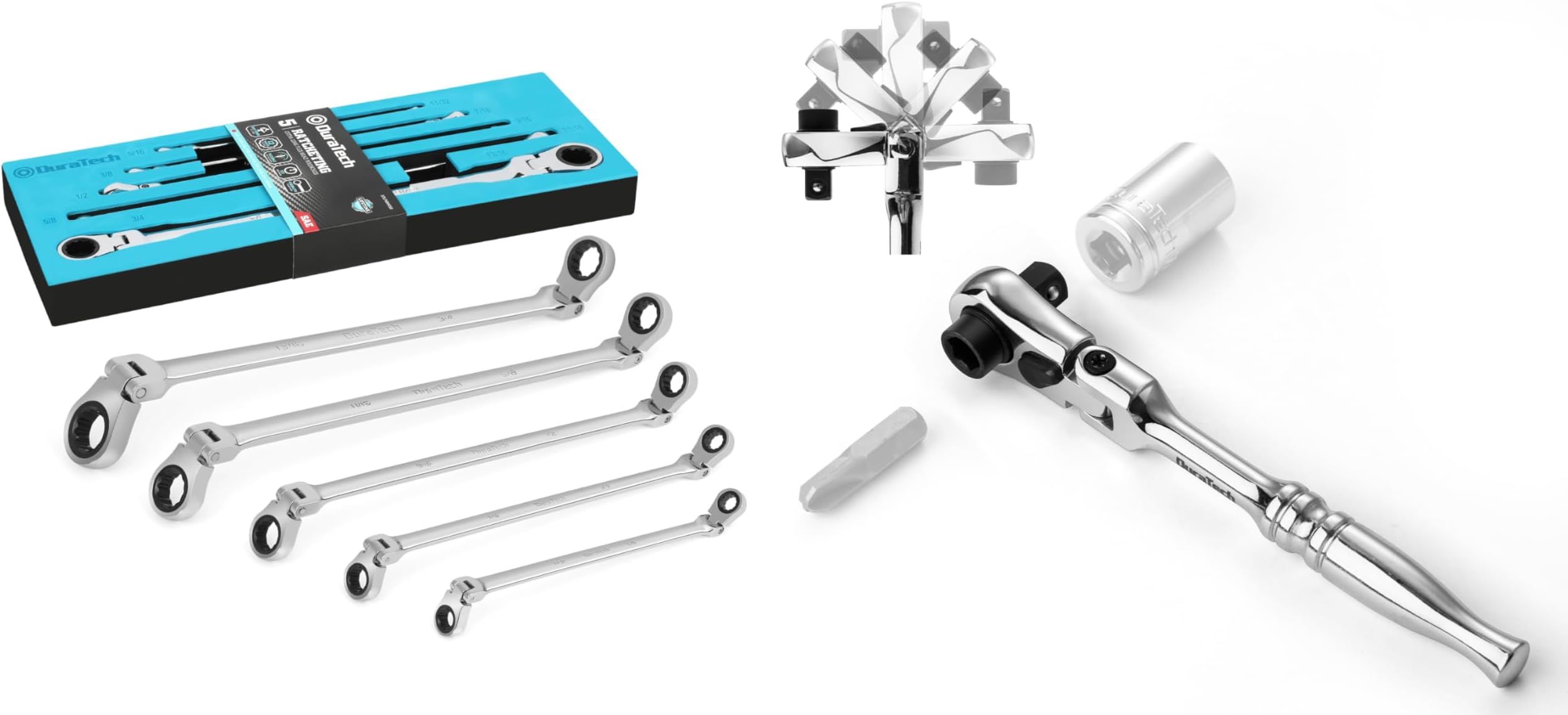 DURATECH 5-Piece Extra Long Flex-Head Ratcheting Wrench Set&1/4" Drive ...
