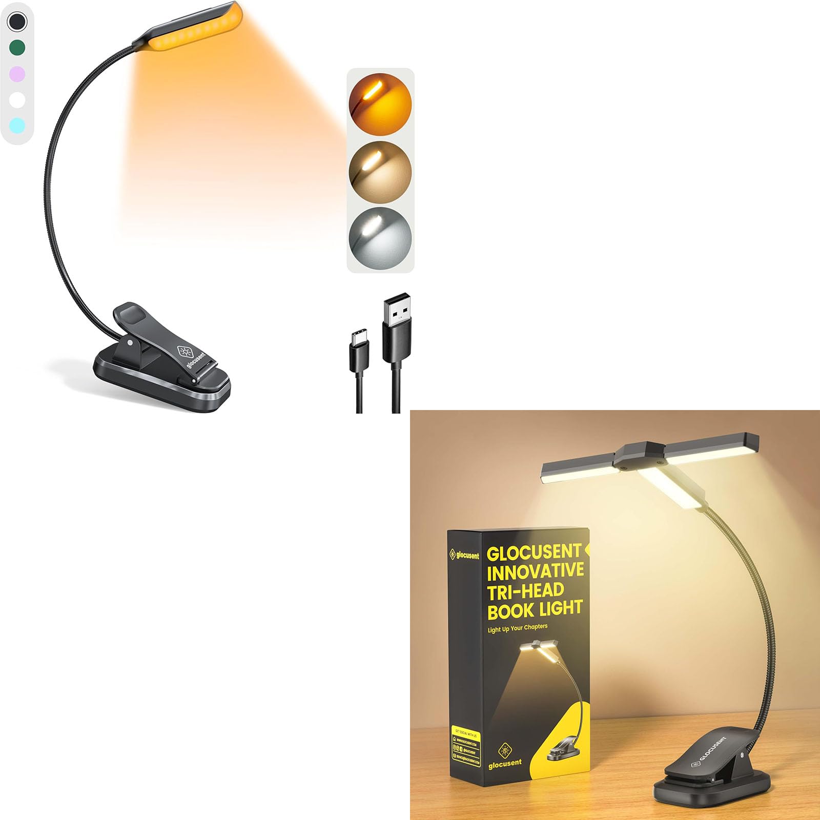 Glocusent USB Rechargeable Book Light for Reading in Bed, Tri-Head ...