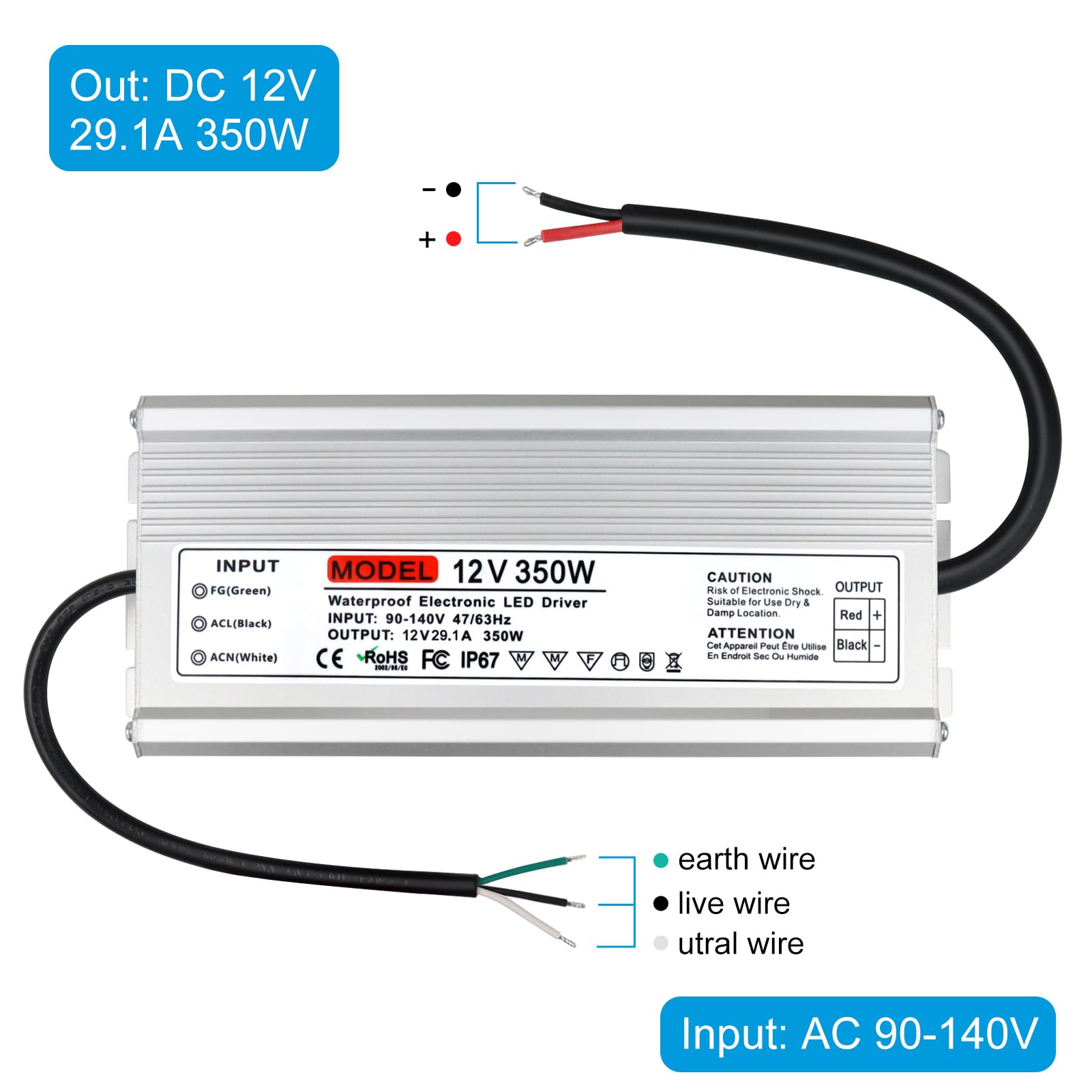 Snapklik.com : 12V 350W IP67 Waterproof Outdoor Power Supply, AC 110 ...