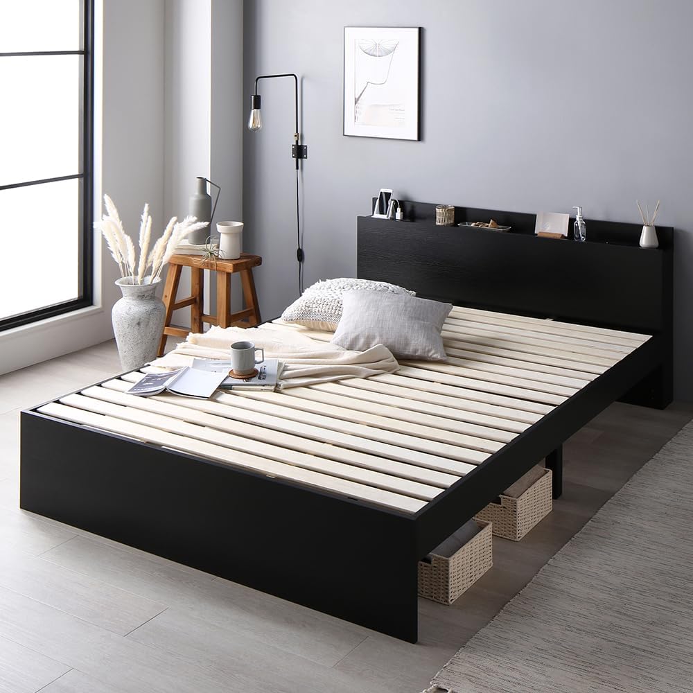 Amazon｜RASIK ベッド セミダブル フレームのみ ブラック 棚 コンセント付き すのこ 高さ調整 お客様組立 Asteria アステリア｜ベッドフレーム オンライン通販