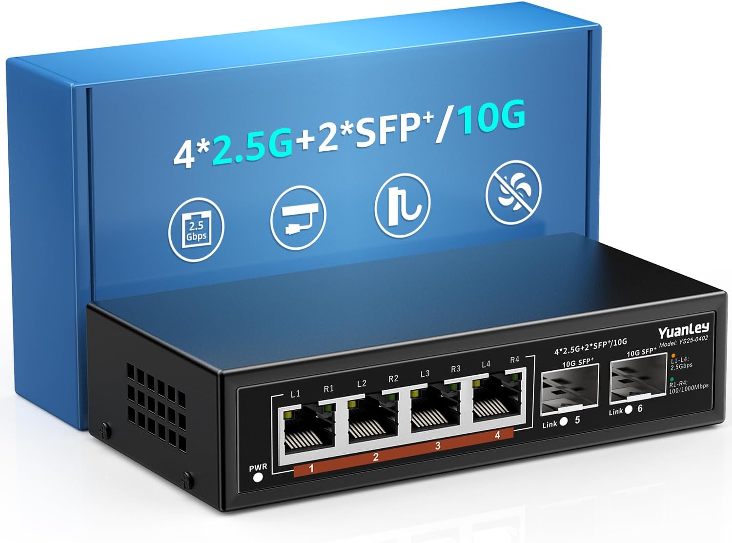 6 Porte 2,5G Switch Ethernet Umanaged, 4 Port 2,5G Base-T, 2 Port 10G SFP, Compatibile 100/1000 ...