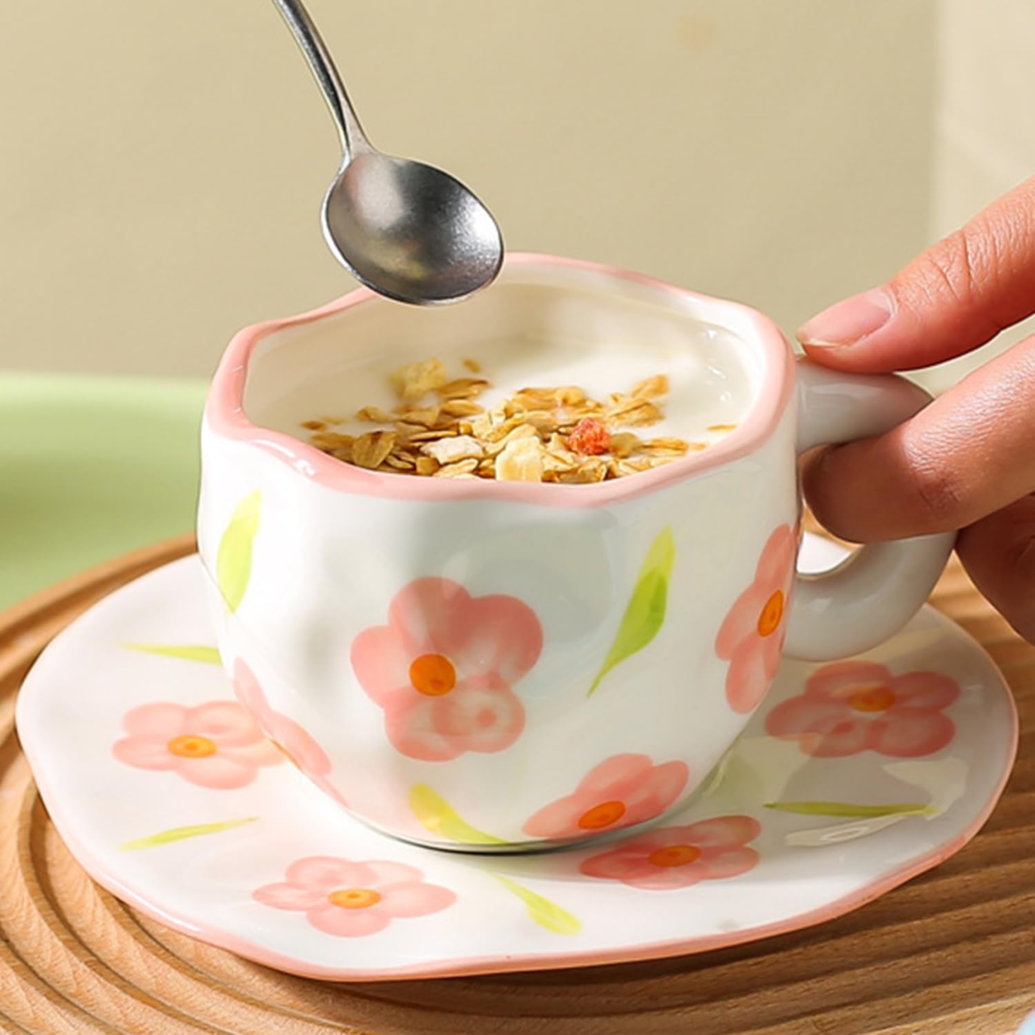 Amazon.com | Disoza Coffee Mugs Set with Saucer Cute Pink Flowers Cup ...