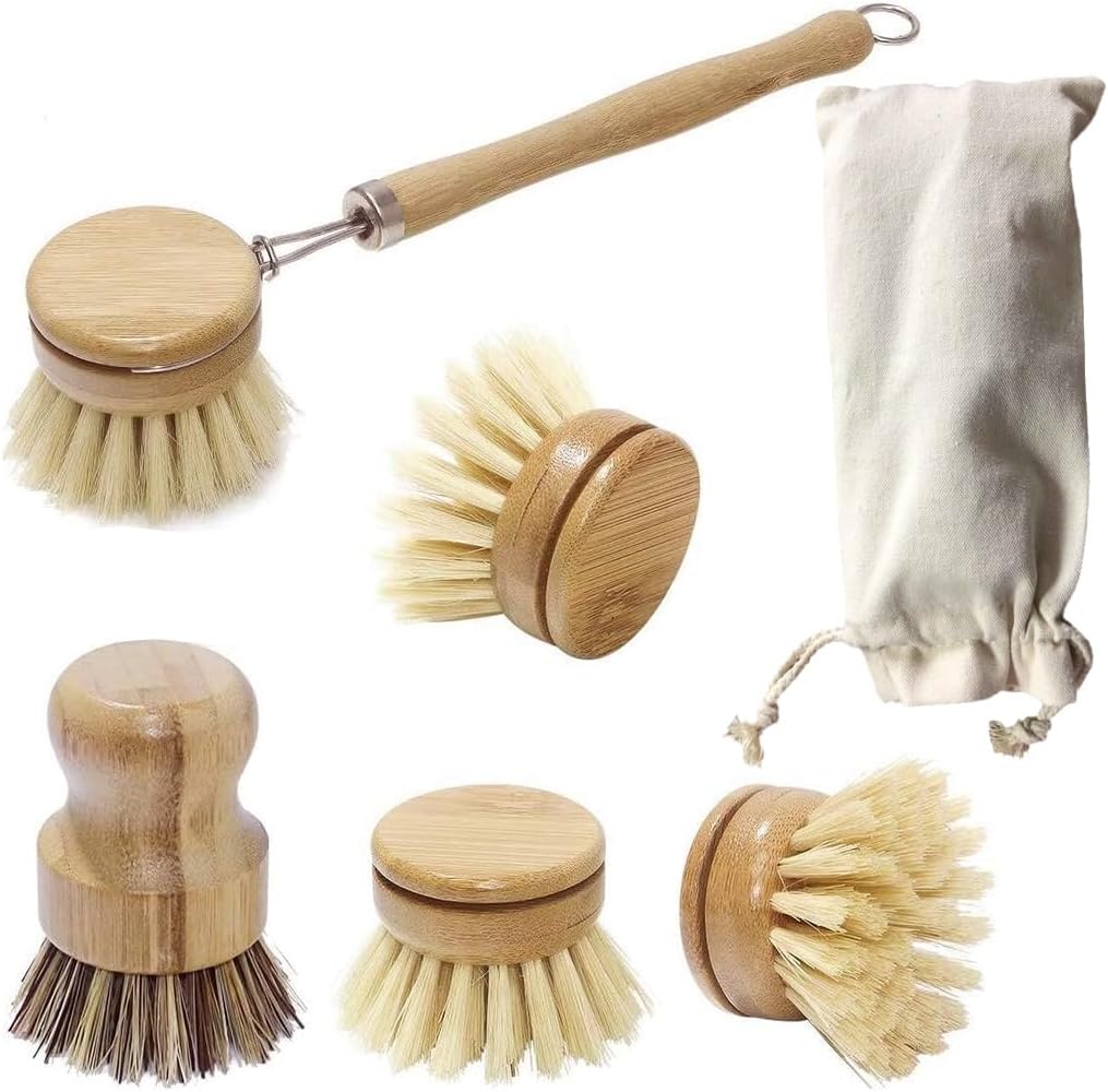 Amazon.com: Dish Brush,Cast Iron Brush with Bamboo Handle Built-in ...