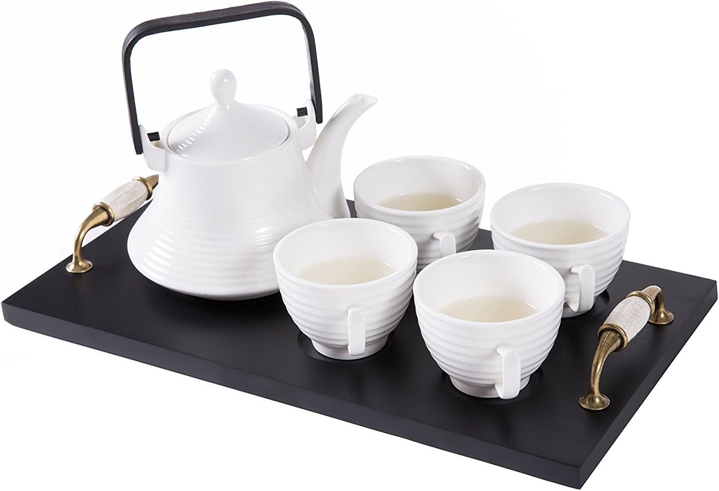 Amazon.com | MyGift Classic White Ribbed Ceramic Tea Set, Vintage ...