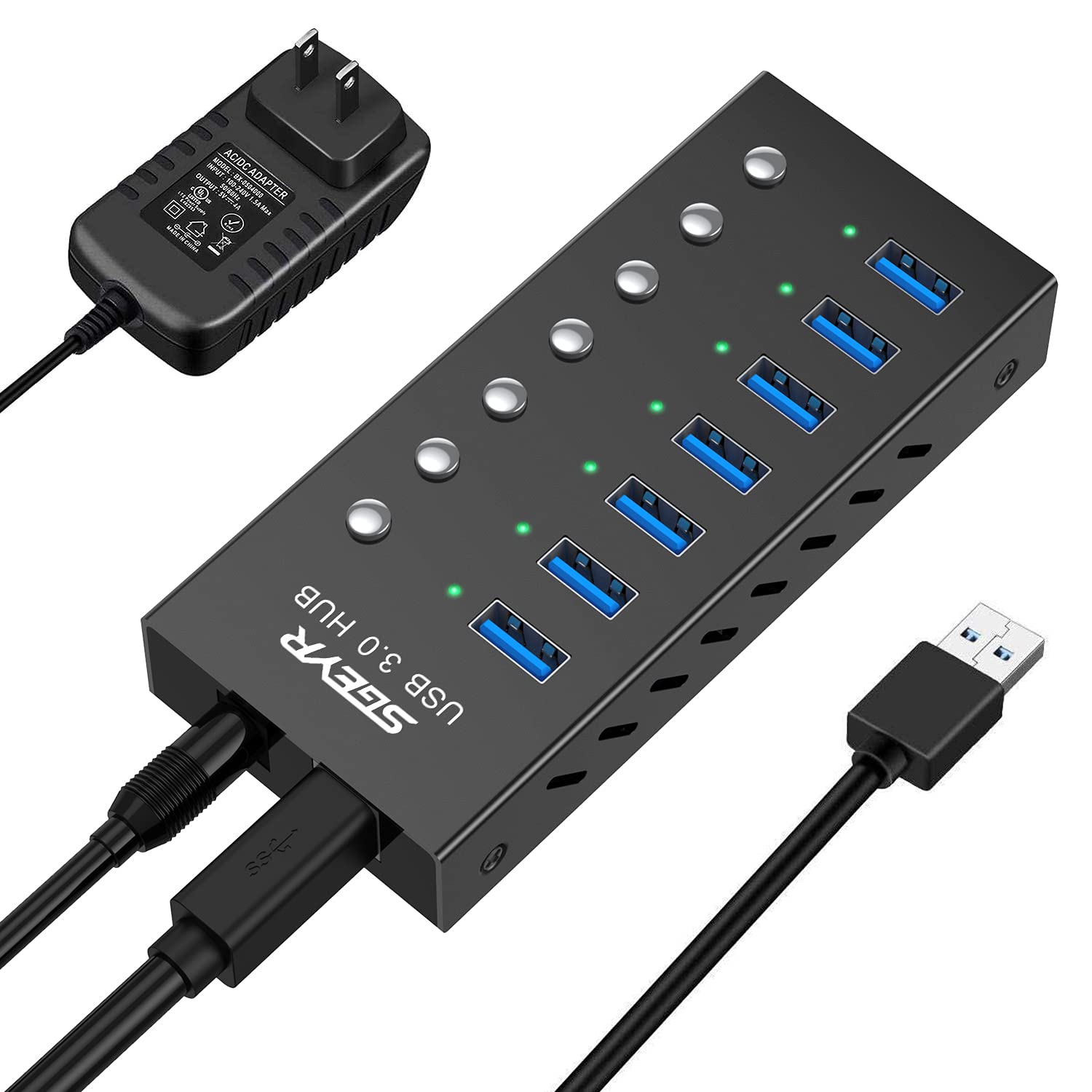 Buy SGEYR USB Hub 3.0 Powered 7 Port USB Metal Hub 5Gbps Transmission ...