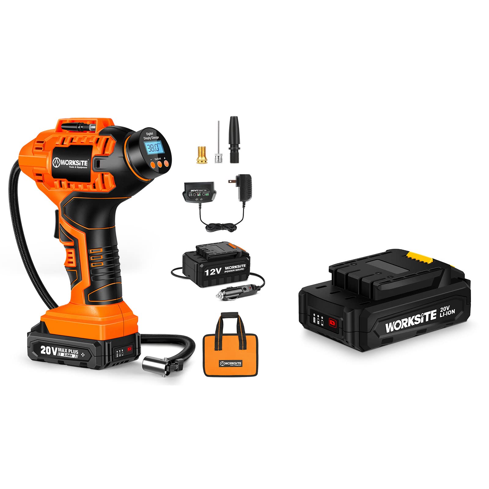Amazon.com: WORKSITE 20V Cordless Tire Inflator Air Compressor Bundle ...