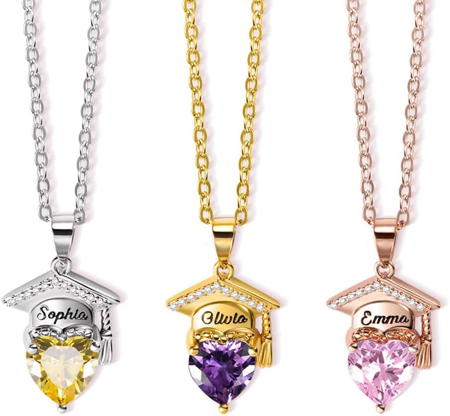 Graduation Necklace Bachelor Cap Name Necklace with Birthstone Grad Cap ...