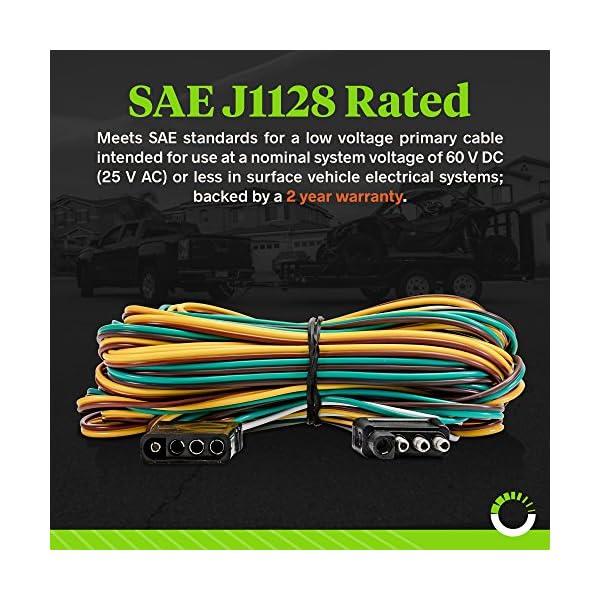 True Mods 4 Pin Flat Trailer Light Wiring Harness Kit [Wishbone-Style] [SAE J1128 Rated] [25 ...