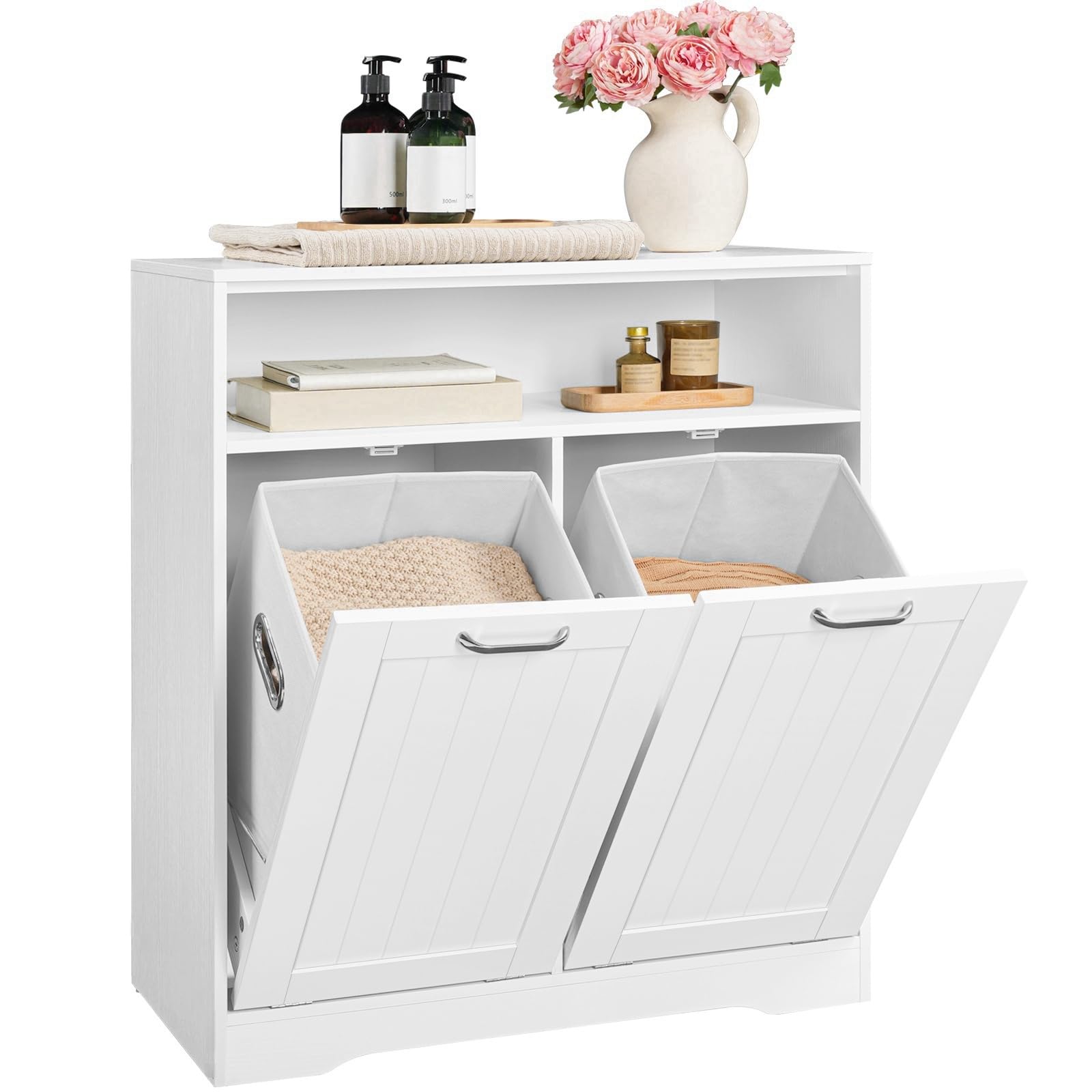 HOOBRO Wooden Laundry Cabinet, Double Laundry Hamper Cabinet with 2 ...