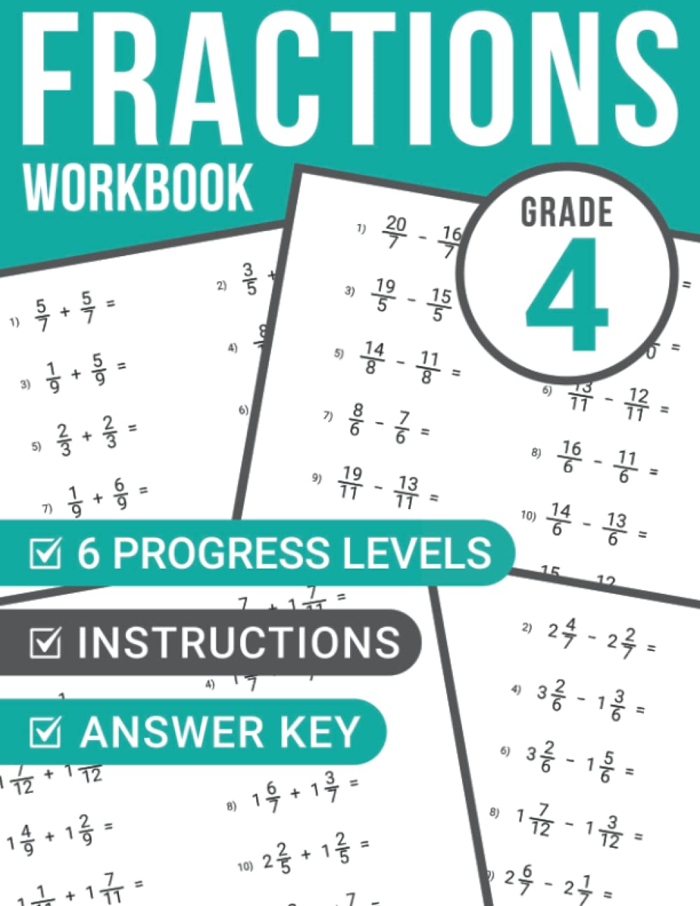 Fractions Workbook Grade 4: Math Problems for Clever Kids Ages 9-10 | 6 Levels of Progress ...
