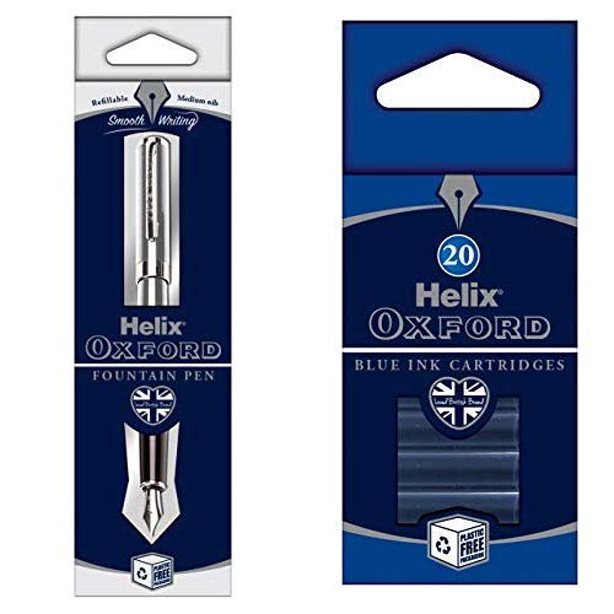 Helix Oxford Fountain Pen (Stainless Steel) with x20 pack of Blue Ink ...