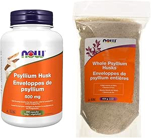 NOW Psyllium Husk Capsules, 500mg, 200 Count and Psyllium Whole Husks ...