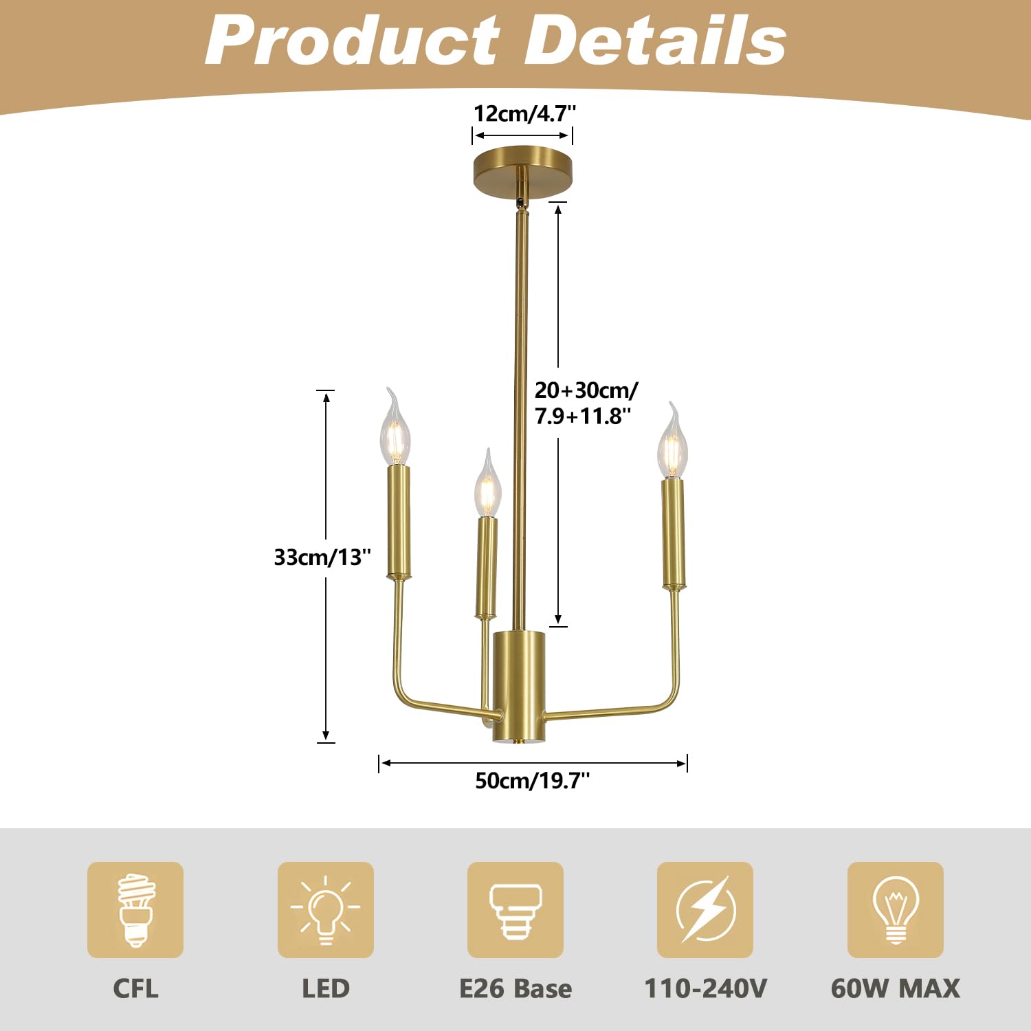 Snapklik.com : Lighting 3 Light Gold Candlestick Chandelier Vintage ...