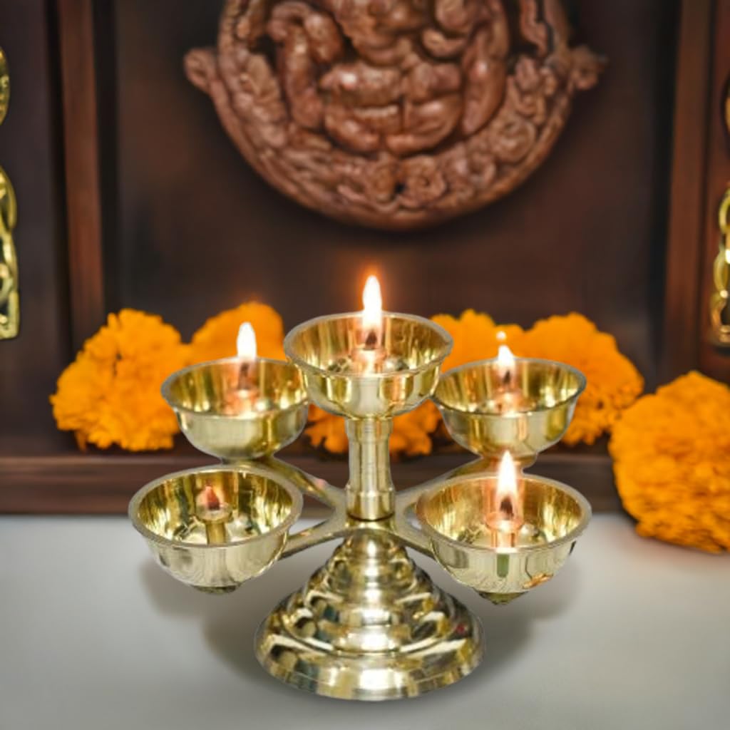 Buy PujaNPujari Aarti Diya Stand for Pooja Room - Brass Five Branch ...