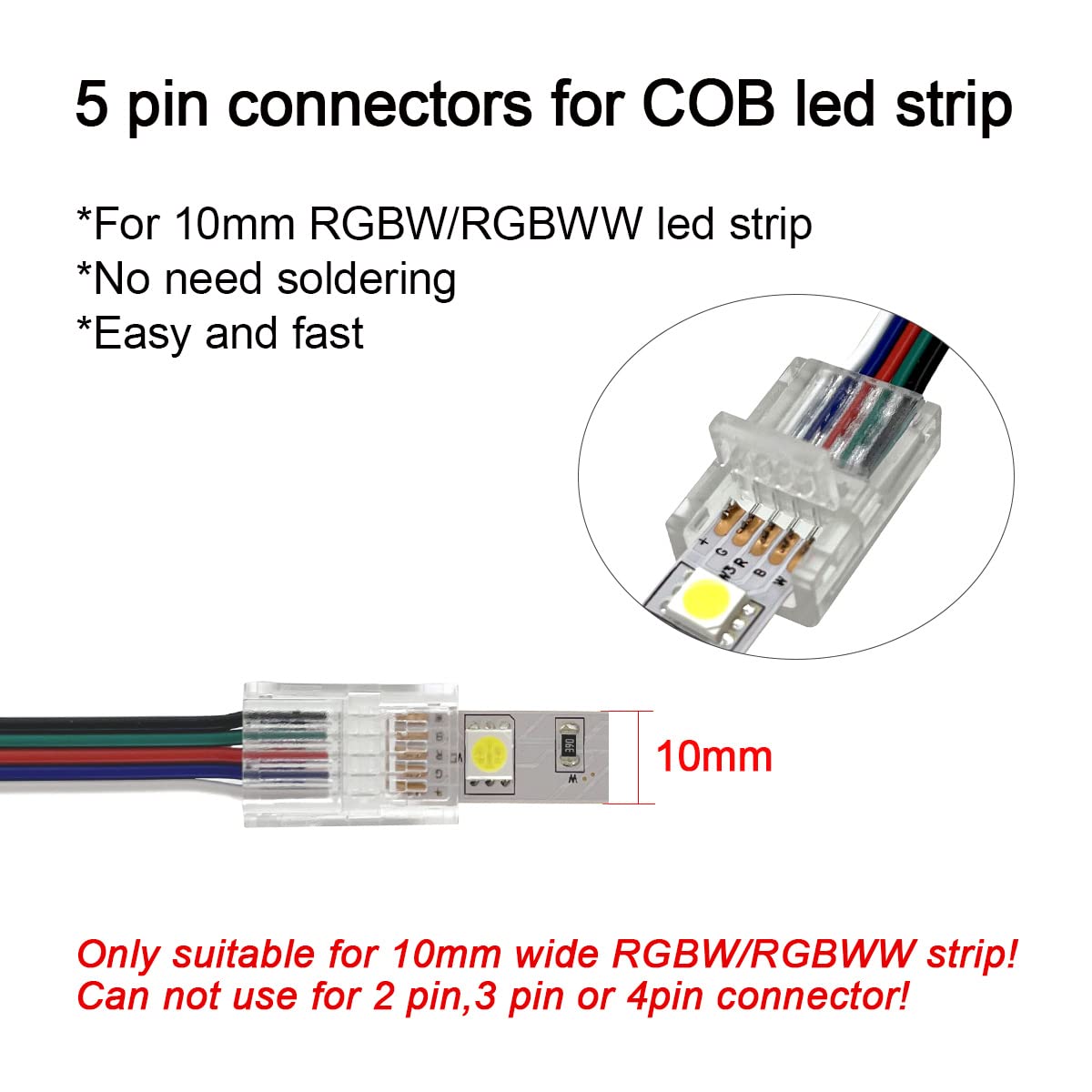 Snapklik.com : HAMRVL 10mm Cob Strip Light Connectors (5 Pin, 12 Pack ...