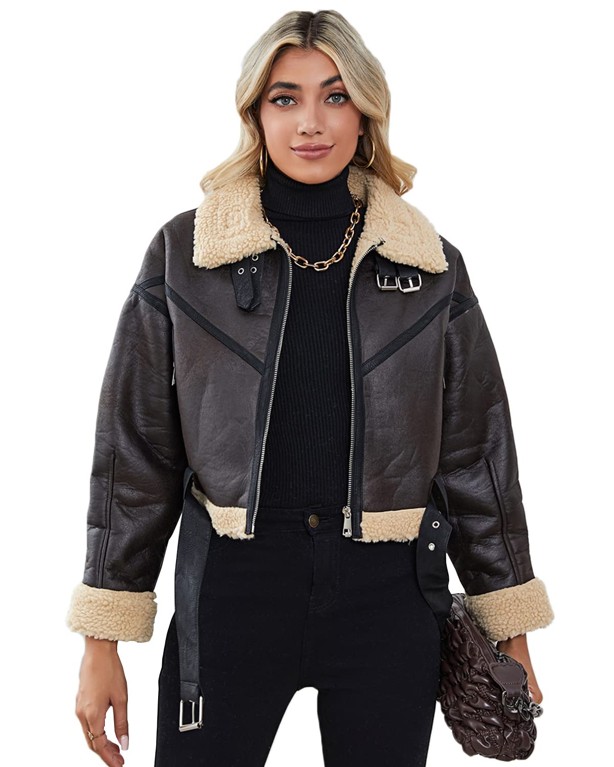 LY VAREY LIN Winter Women Faux Lamb Fur Leather Short Jacket Lapel ...