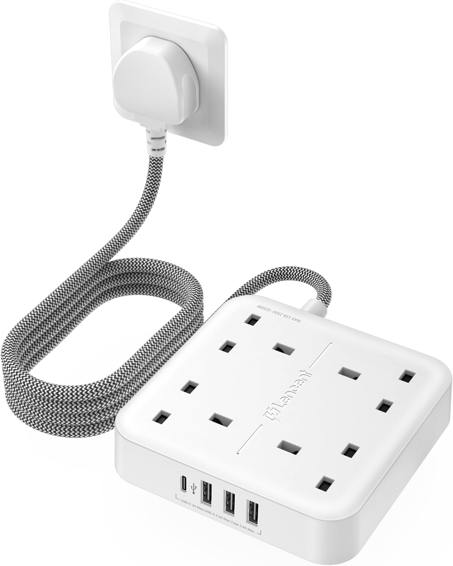 LENCENT Extension Lead with 4 Way Outlets, 3250W 13A Power Strip, 1.8M ...